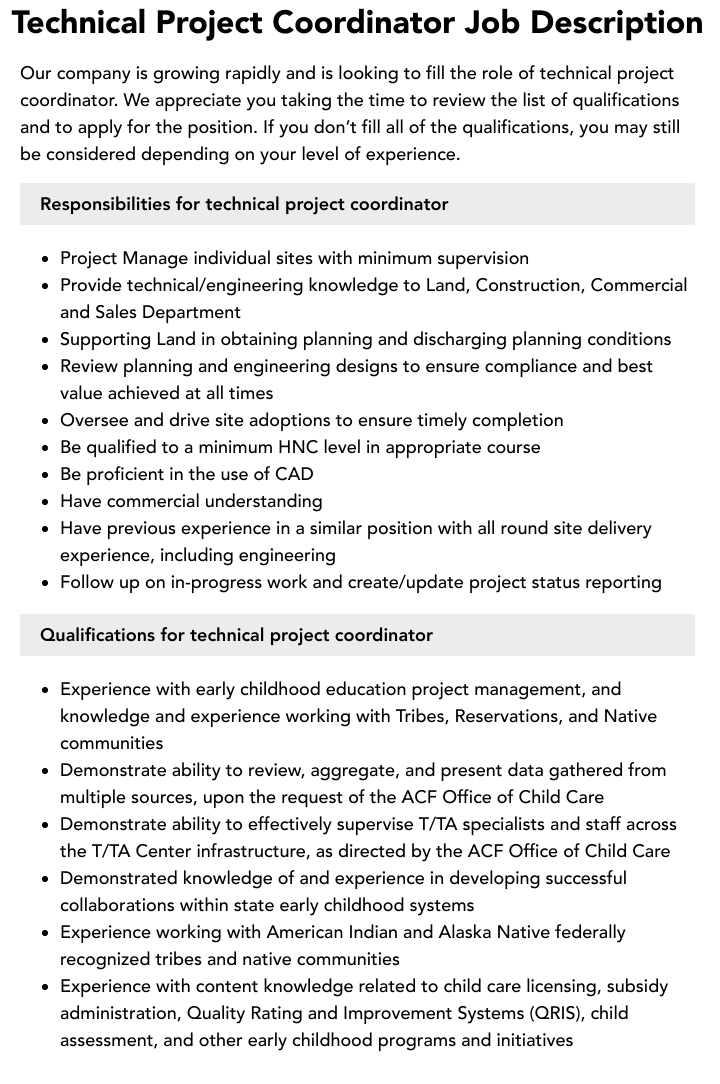Technical Project Coordinator Job Description Velvet Jobs