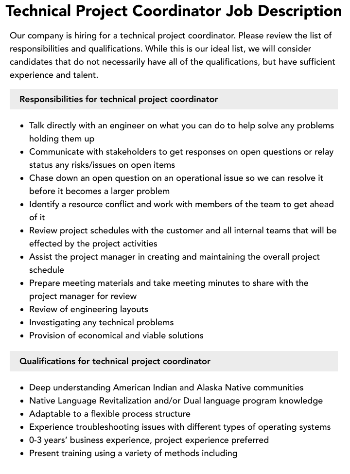 Technical Project Coordinator Job Description Velvet Jobs