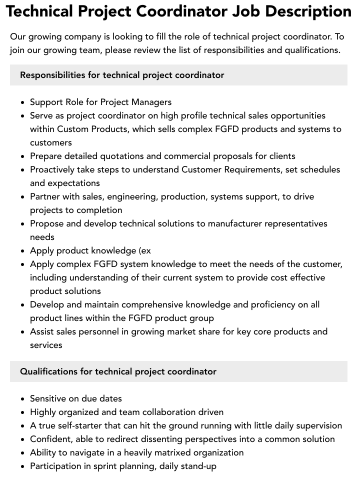 Technical Project Coordinator Job Description Velvet Jobs