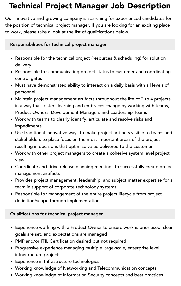 Technical Project Manager Job Description Velvet Jobs