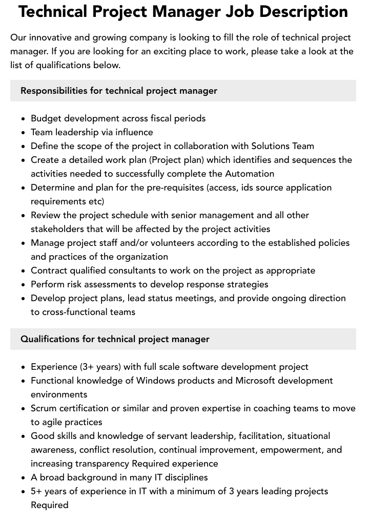 Technical Project Manager Job Description Velvet Jobs
