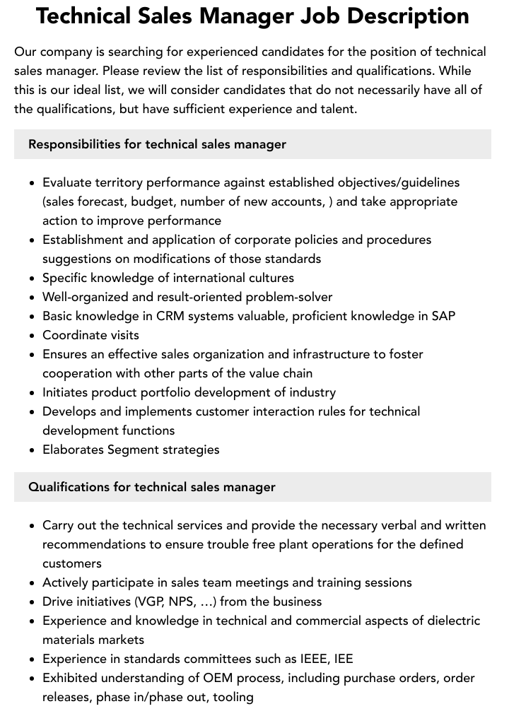 Technical Sales Manager Job Description Velvet Jobs