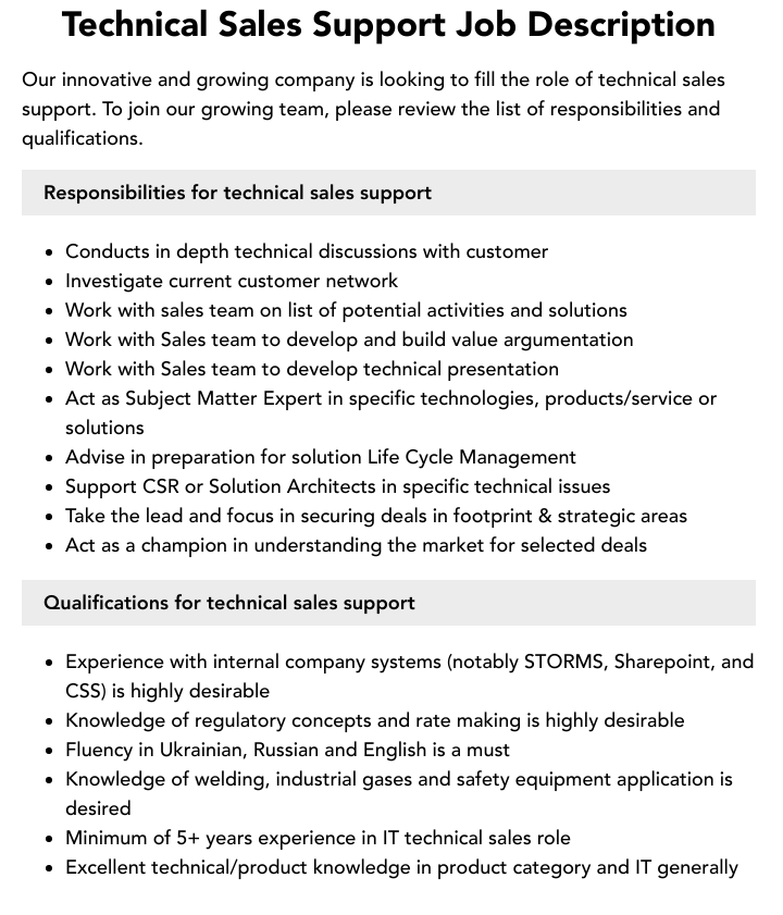 Technical Sales Support Job Description Velvet Jobs