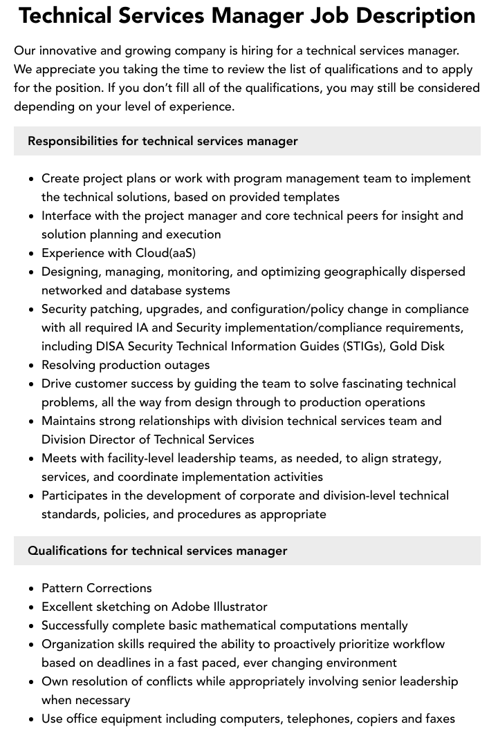 Technical Services Manager Job Description Velvet Jobs