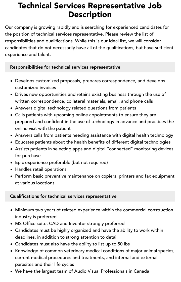Technical Services Representative Job Description Velvet Jobs