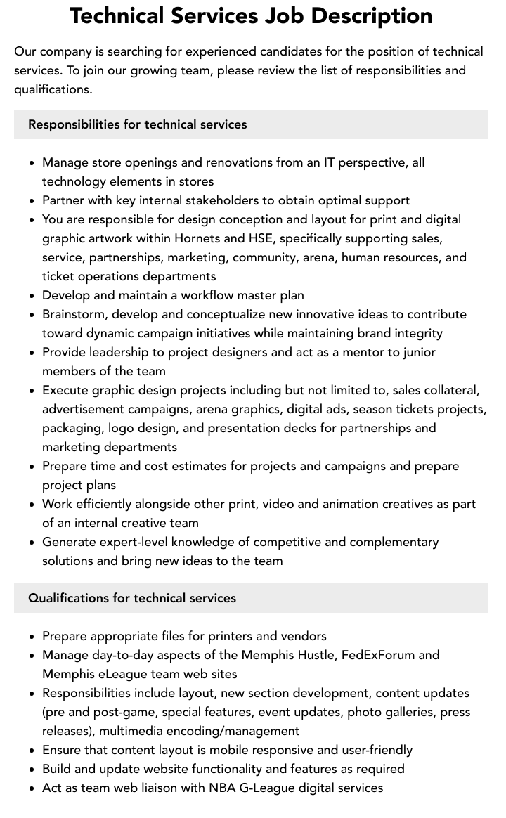 Technical Services Job Description Velvet Jobs