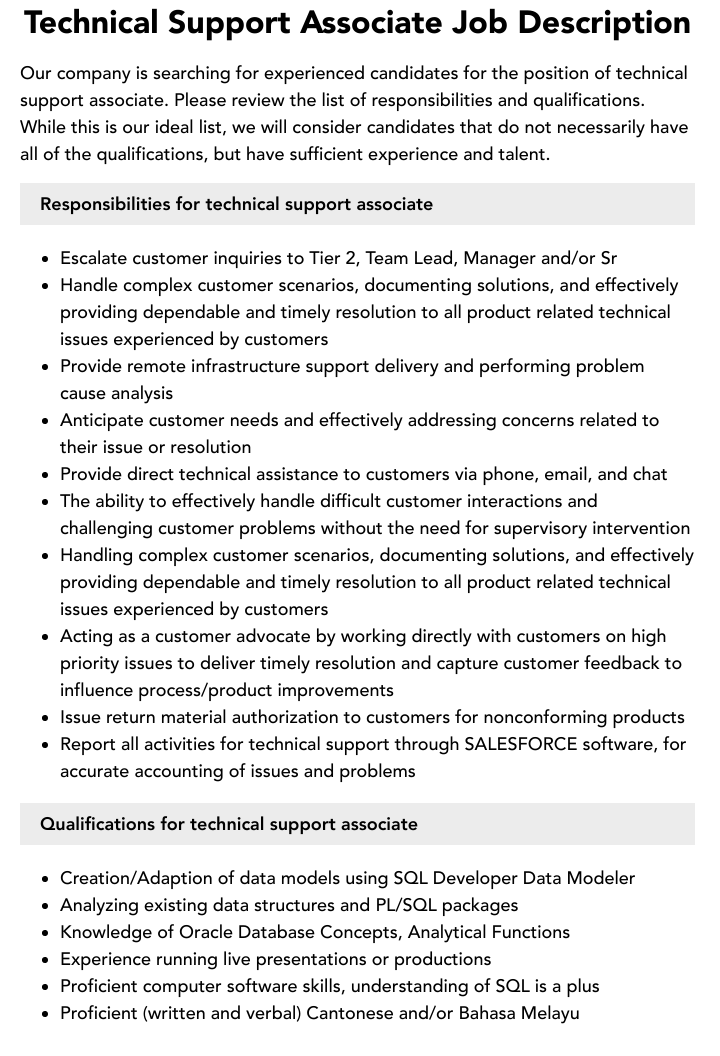 Technical Support Associate Job Description Velvet Jobs