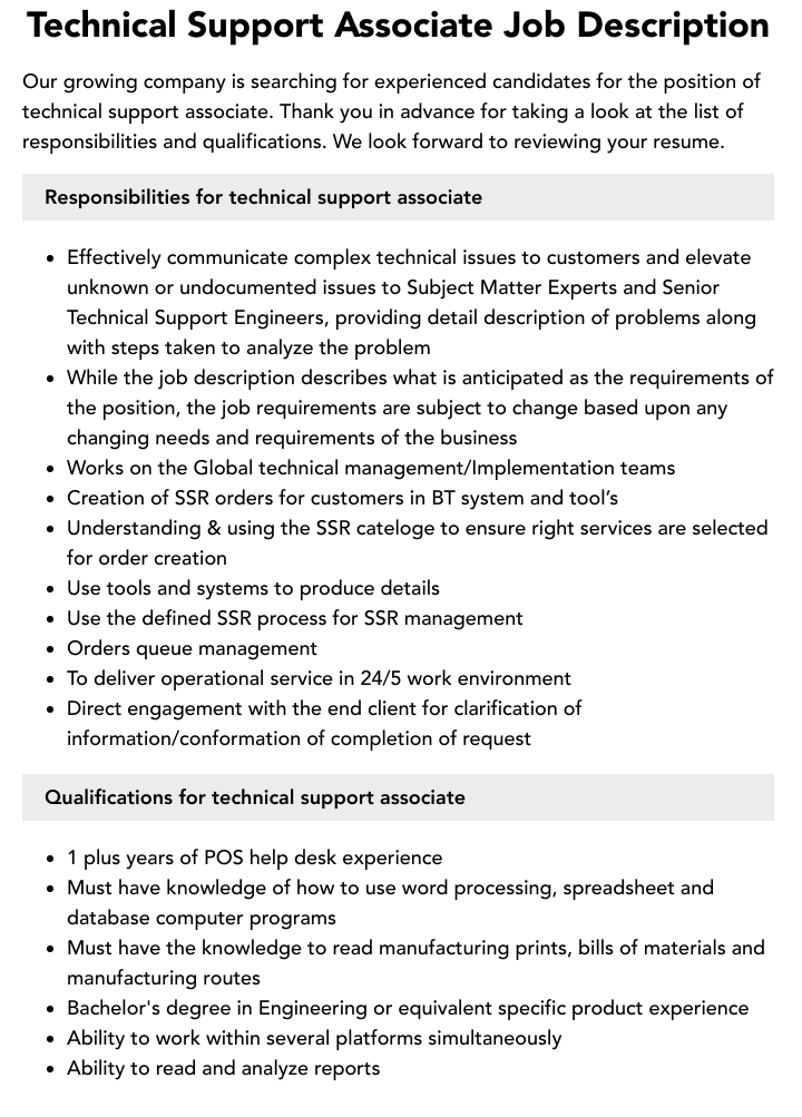Technical Support Associate Job Description Velvet Jobs