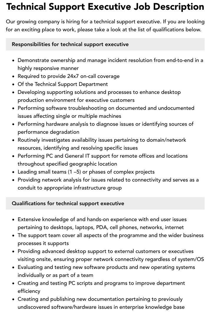 Technical Support Executive Job Description Velvet Jobs