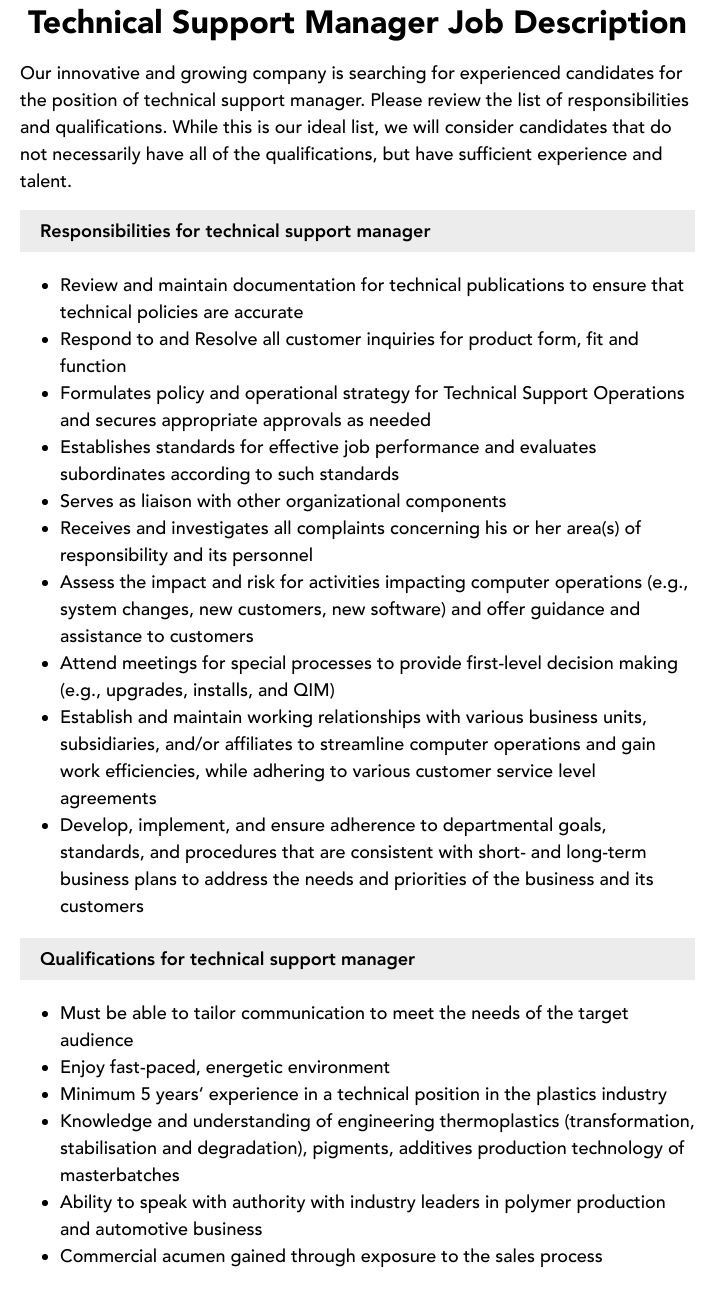 Technical Support Manager Job Description Velvet Jobs