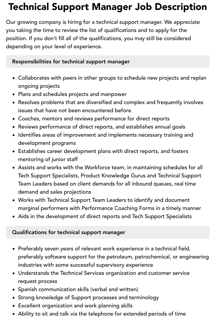  Technical Support Manager Job Description Velvet Jobs