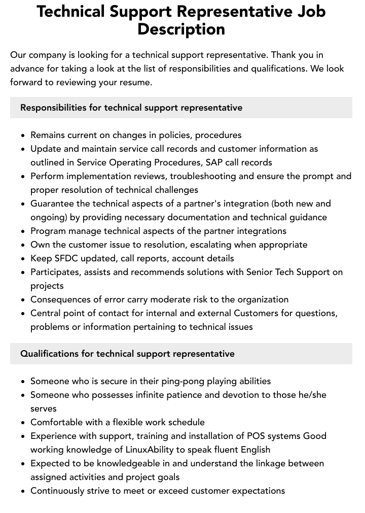 Technical Support Representative Job Description Velvet Jobs
