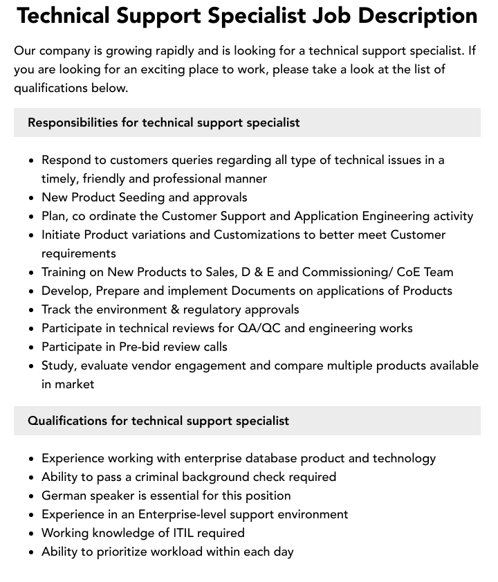 Technical Support Specialist Job Description Velvet Jobs