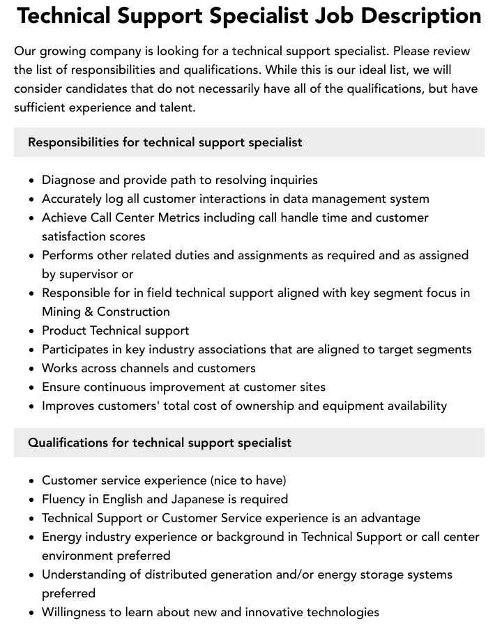 Technical Support Specialist Job Description Velvet Jobs