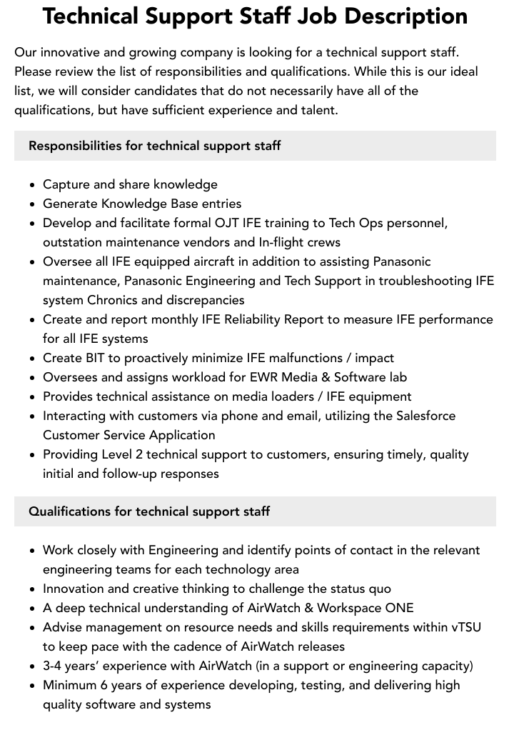 Technical Support Staff Job Description Velvet Jobs