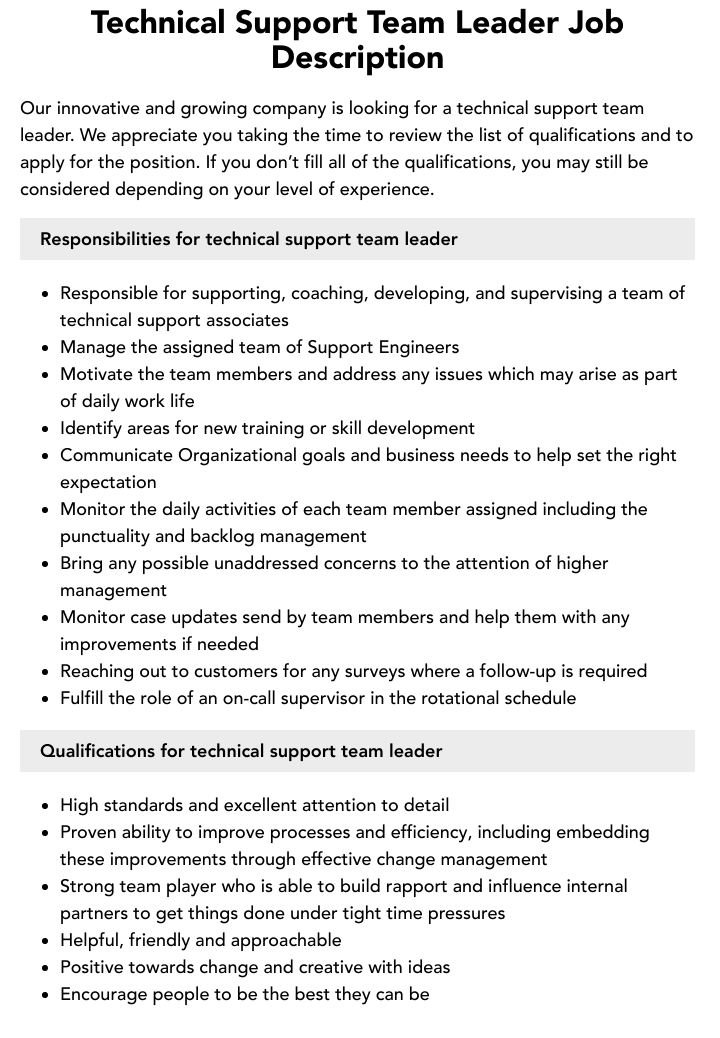 Technical Support Team Leader Job Description Velvet Jobs