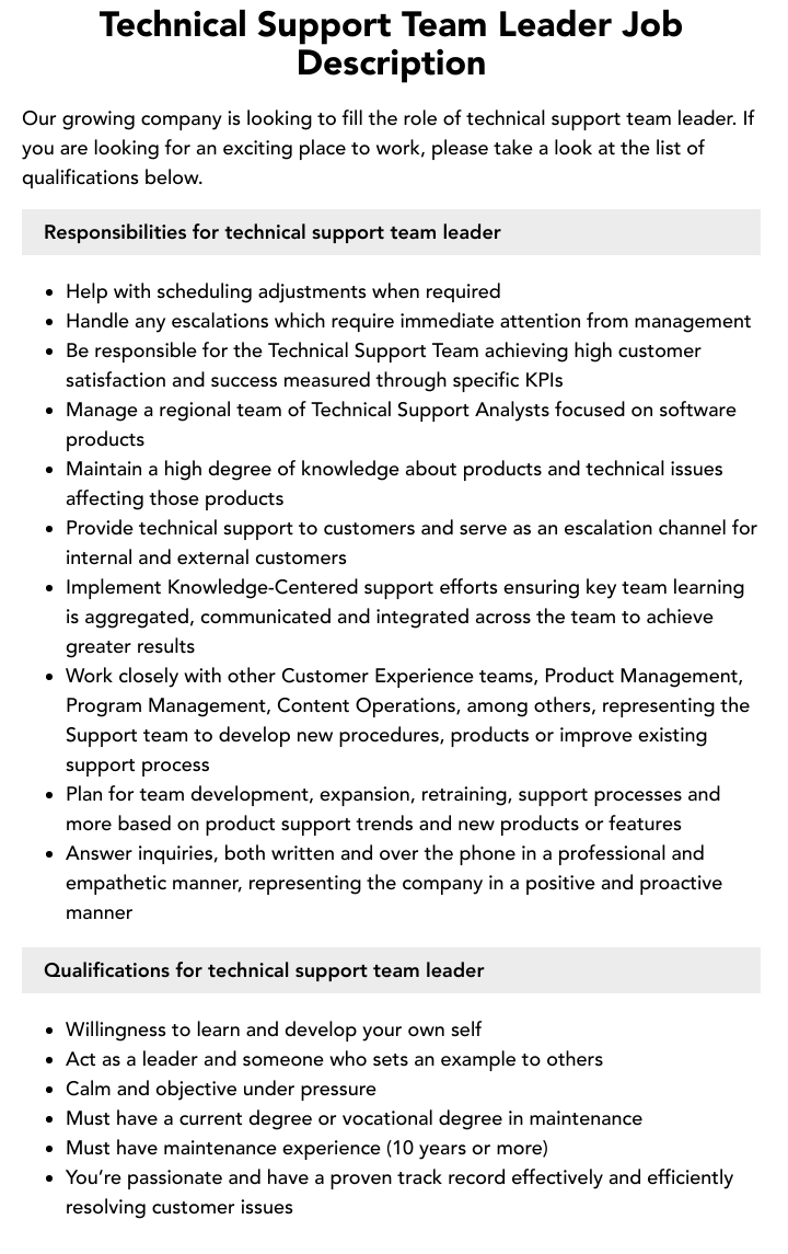 Technical Support Team Leader Job Description Velvet Jobs
