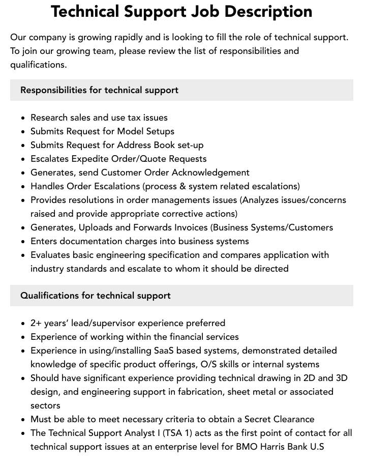 Technical Support Job Description Velvet Jobs