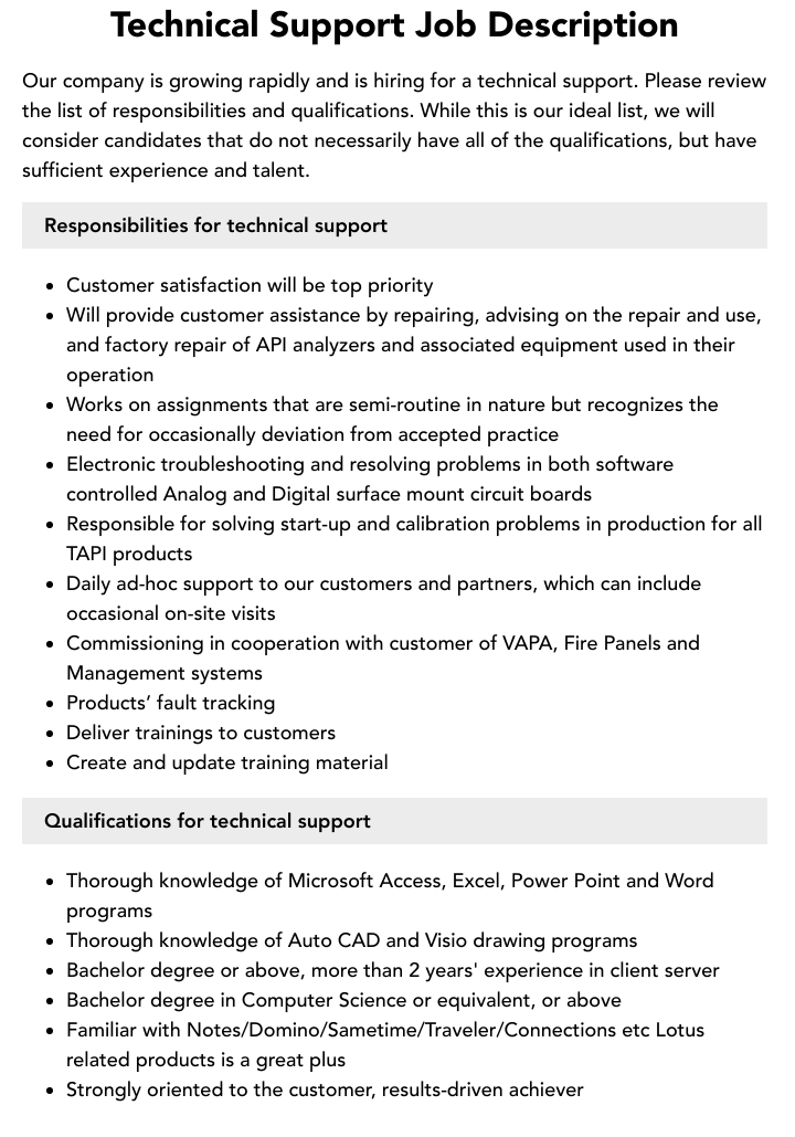 Technical Support Job Description Velvet Jobs