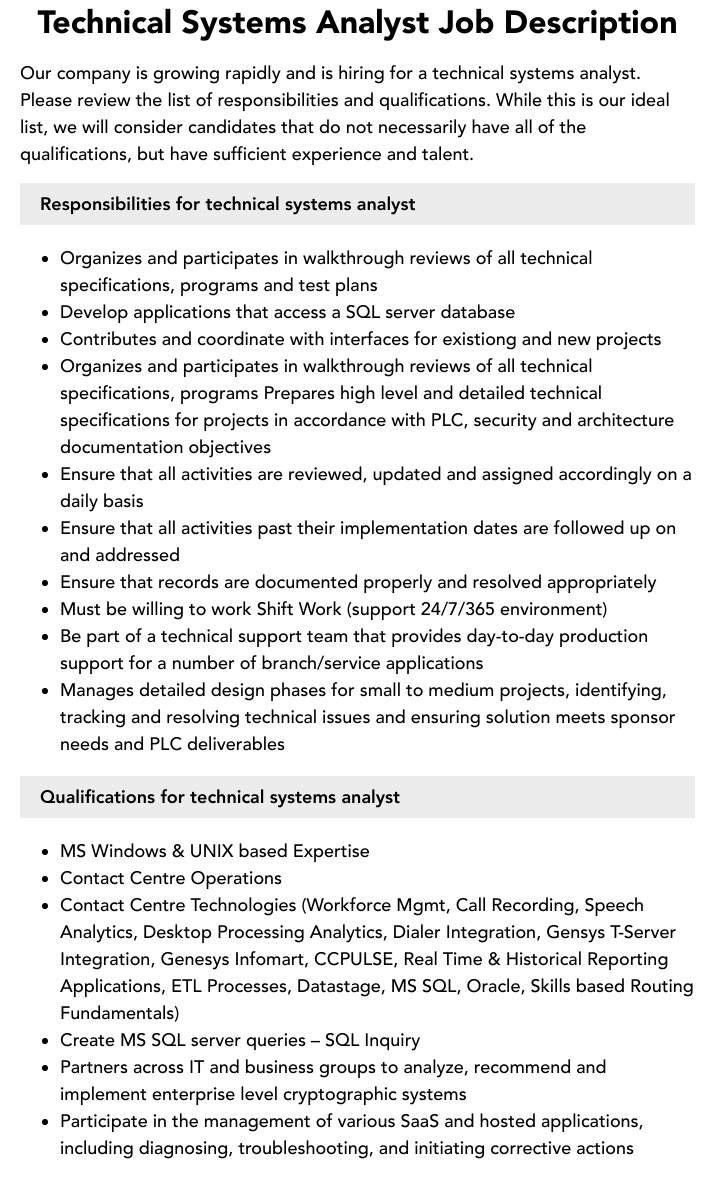 Technical Systems Analyst Job Description Velvet Jobs Technical Systems Analyst Job Description Velvet Jobs