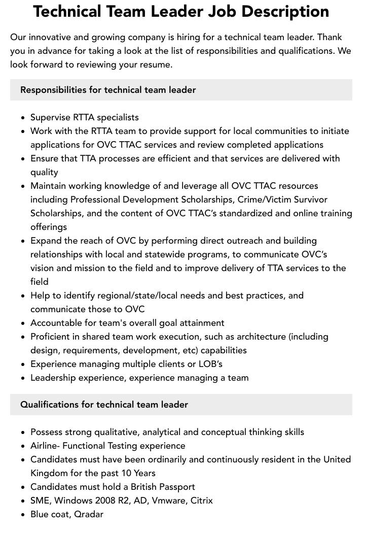 Technical Team Leader Job Description Velvet Jobs