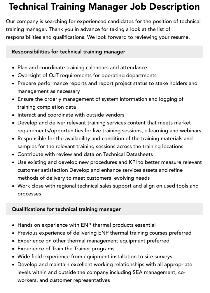 Technical Training Manager Job Description Velvet Jobs