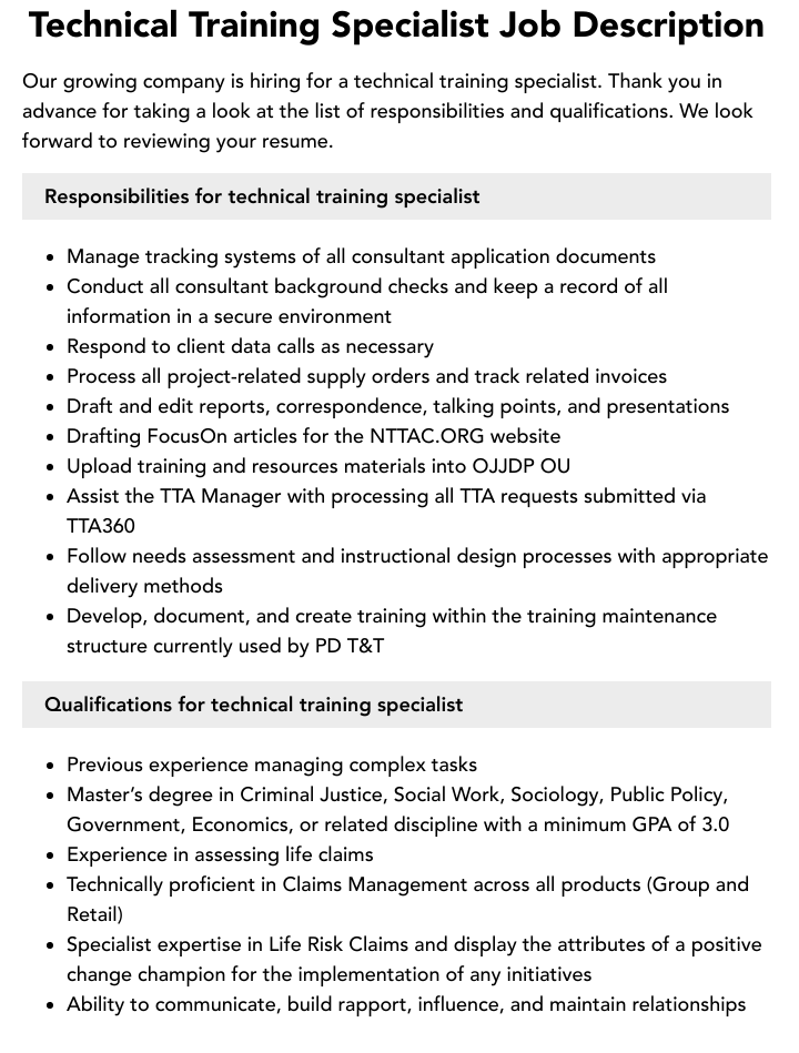 Technical Training Specialist Job Description Velvet Jobs