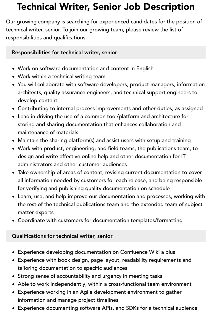 Technical Writer Senior Job Description Velvet Jobs
