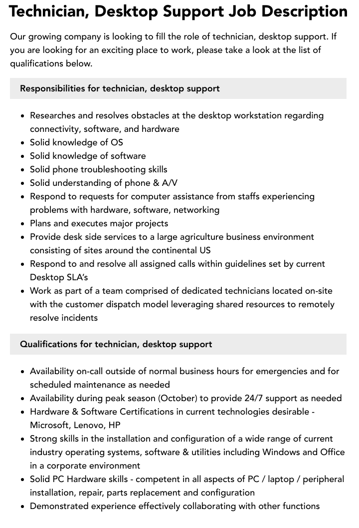 Technician Desktop Support Job Description Velvet Jobs