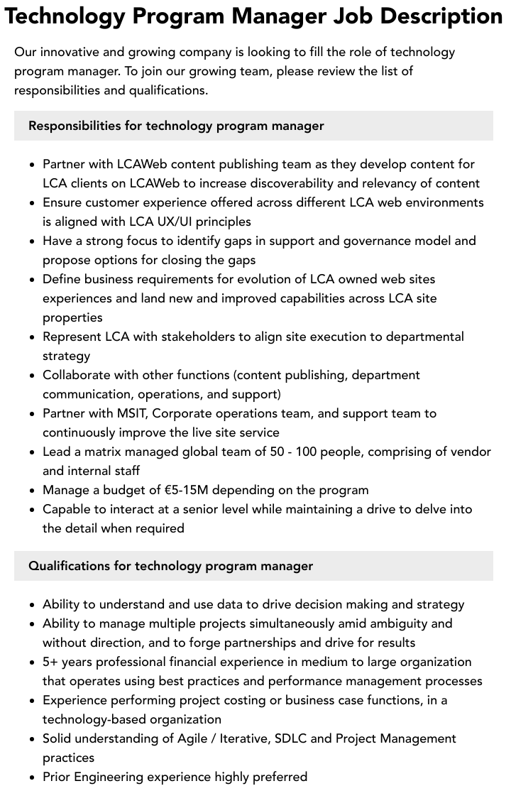 Technology Program Manager Job Description Velvet Jobs