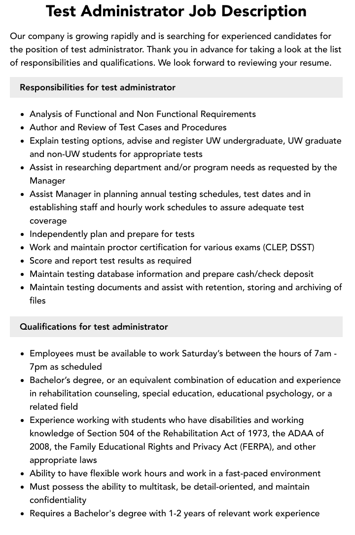 Test Administrator Job Description Velvet Jobs Test Administrator Job Description Velvet Jobs