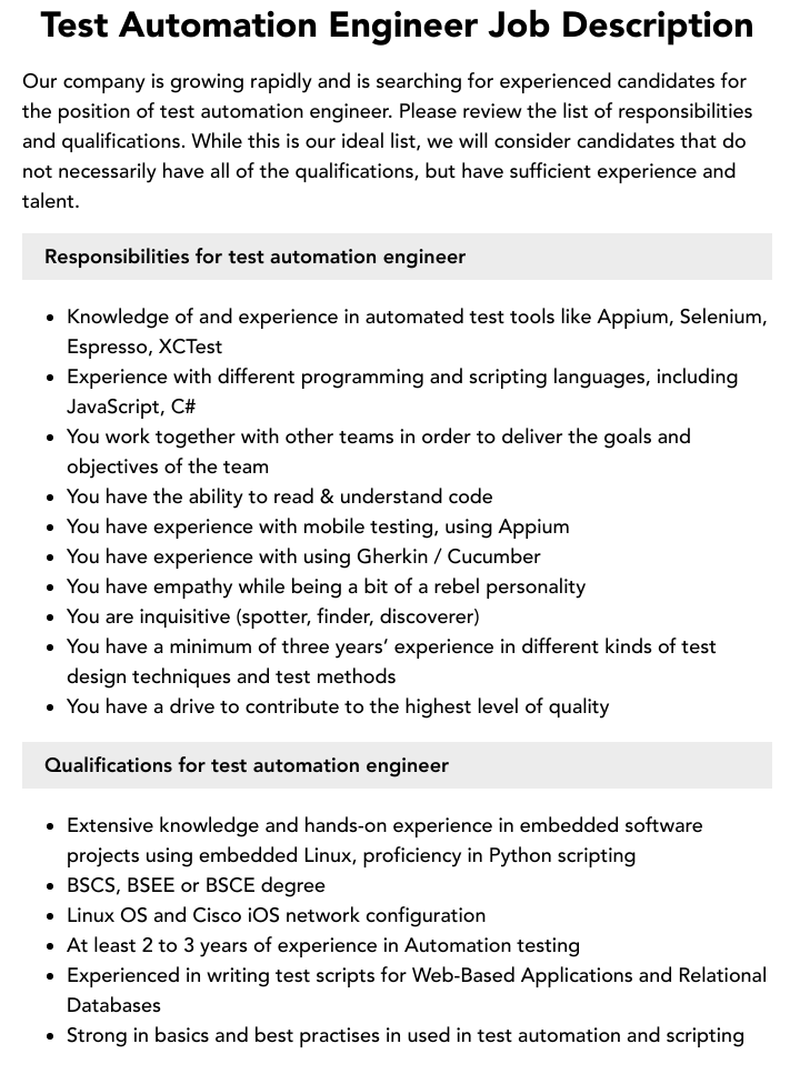 Test Automation Engineer Job Description Velvet Jobs