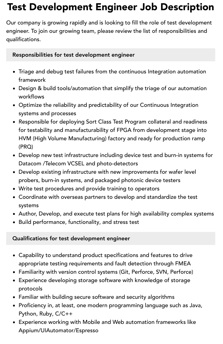 Test Development Engineer Job Description Velvet Jobs