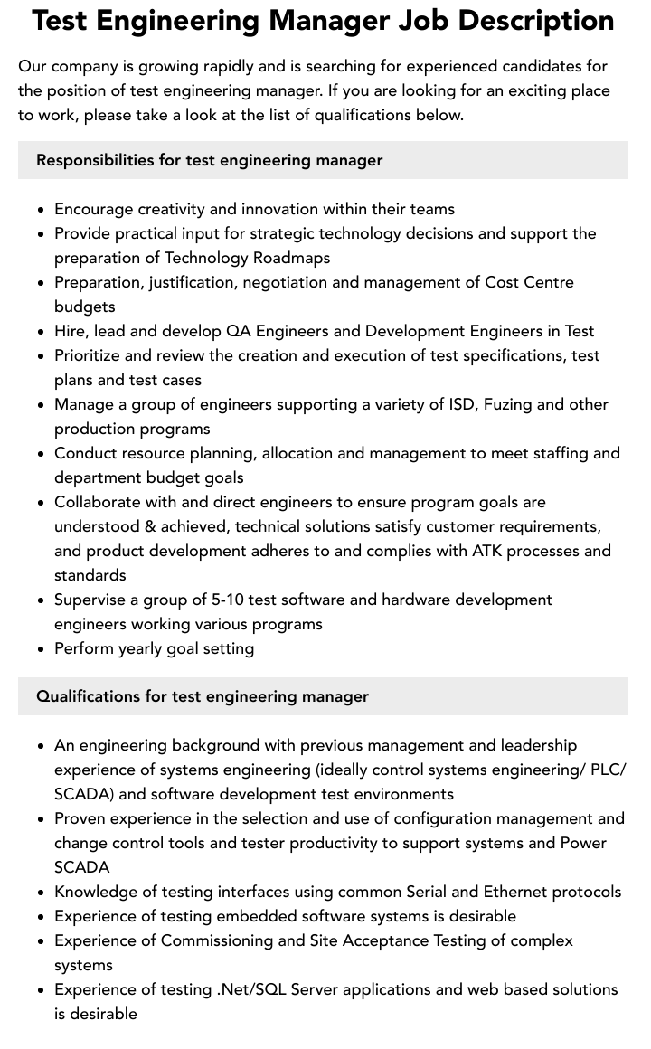 Test Engineering Manager Job Description | Velvet Jobs