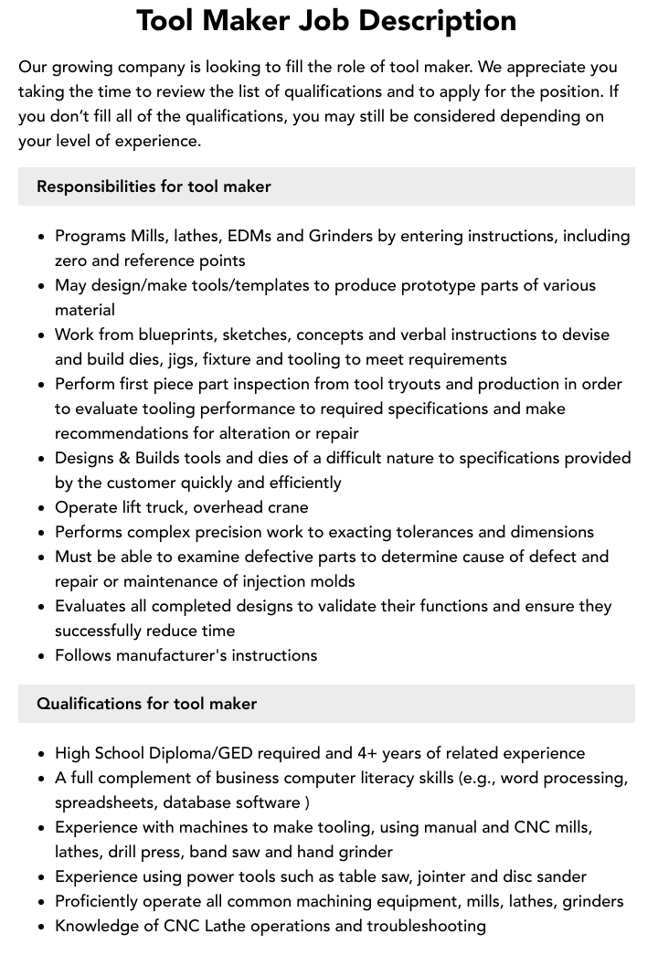 Tool Maker Job Description Velvet Jobs