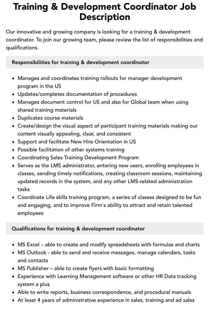 Training Development Coordinator Job Description Velvet Jobs