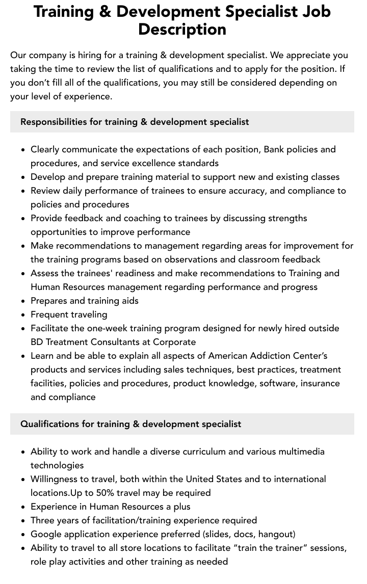 Training Development Specialist Job Description Velvet Jobs