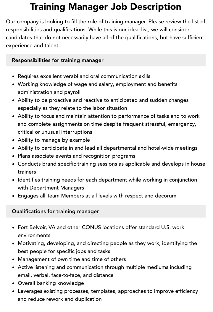 Training Manager Job Description Velvet Jobs
