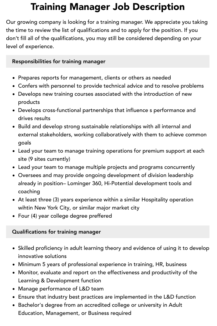 Training Manager Job Description Velvet Jobs