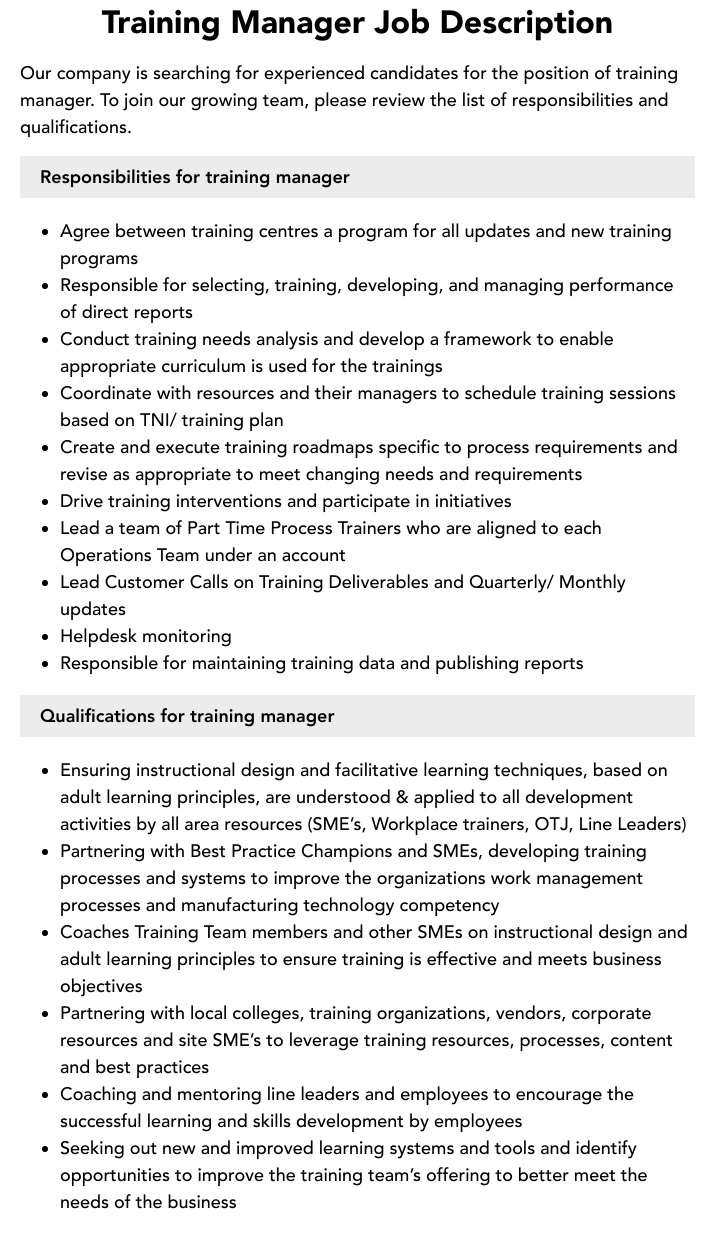 Training Manager Job Description Velvet Jobs