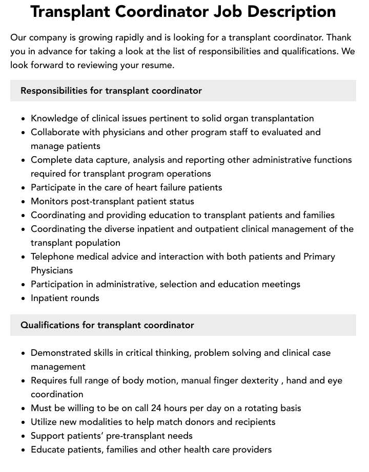 Transplant Coordinator Job Description Velvet Jobs Transplant Coordinator Job Description Velvet Jobs