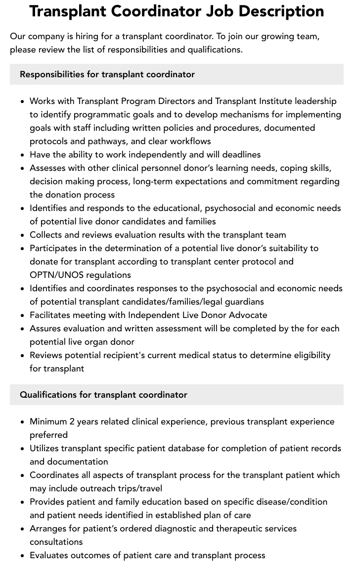 Transplant Coordinator Job Description Velvet Jobs Transplant Coordinator Job Description Velvet Jobs