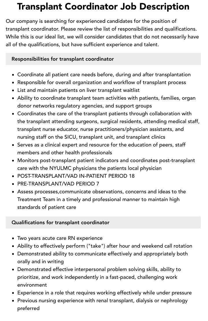 Transplant Coordinator Job Description Velvet Jobs Transplant Coordinator Job Description Velvet Jobs
