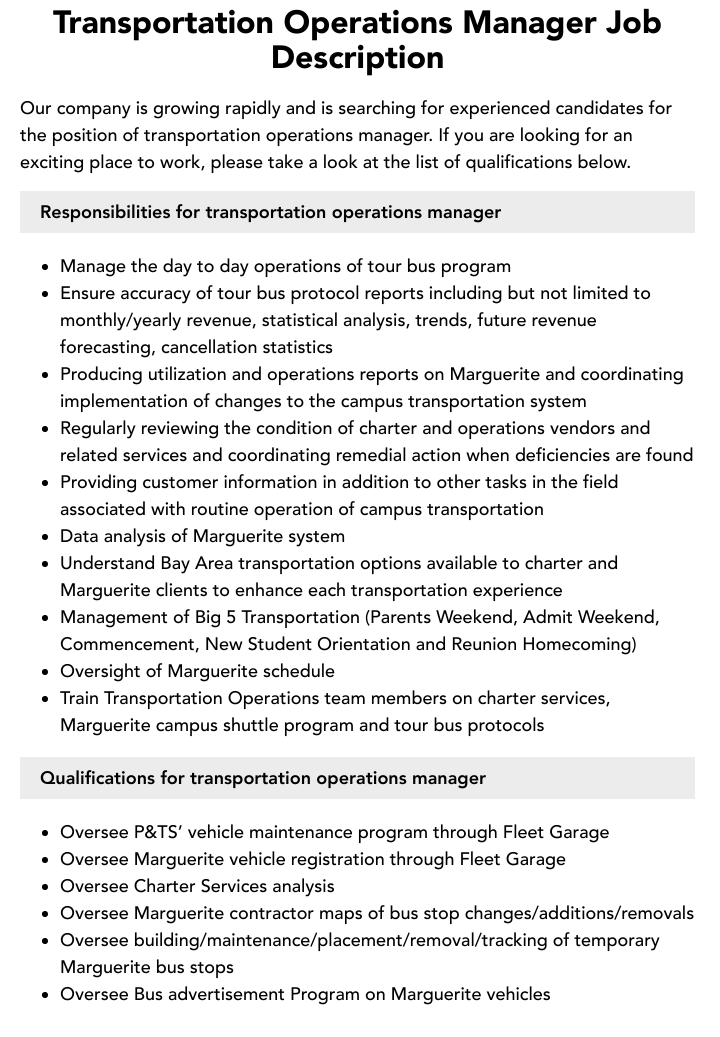 Public Transportation Operations Manager Job Description Transport
