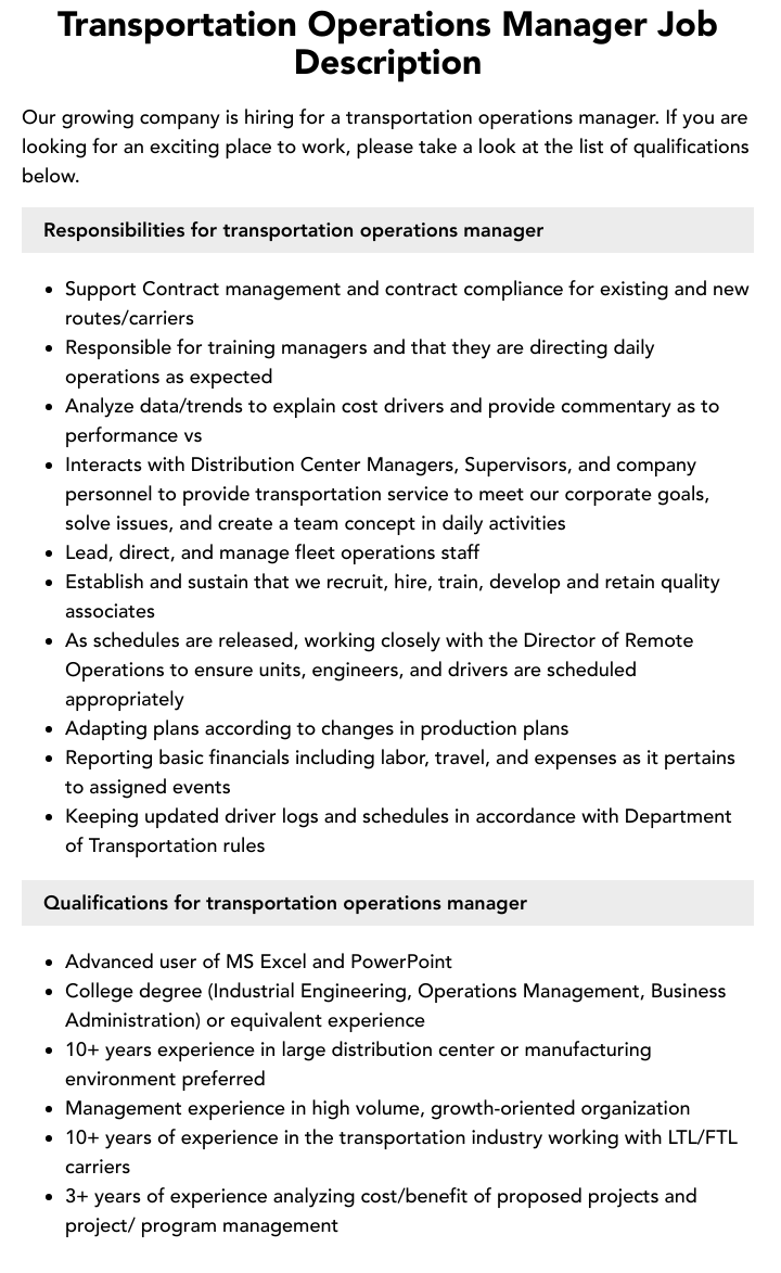 Transportation Operations Manager Job Description Velvet Jobs