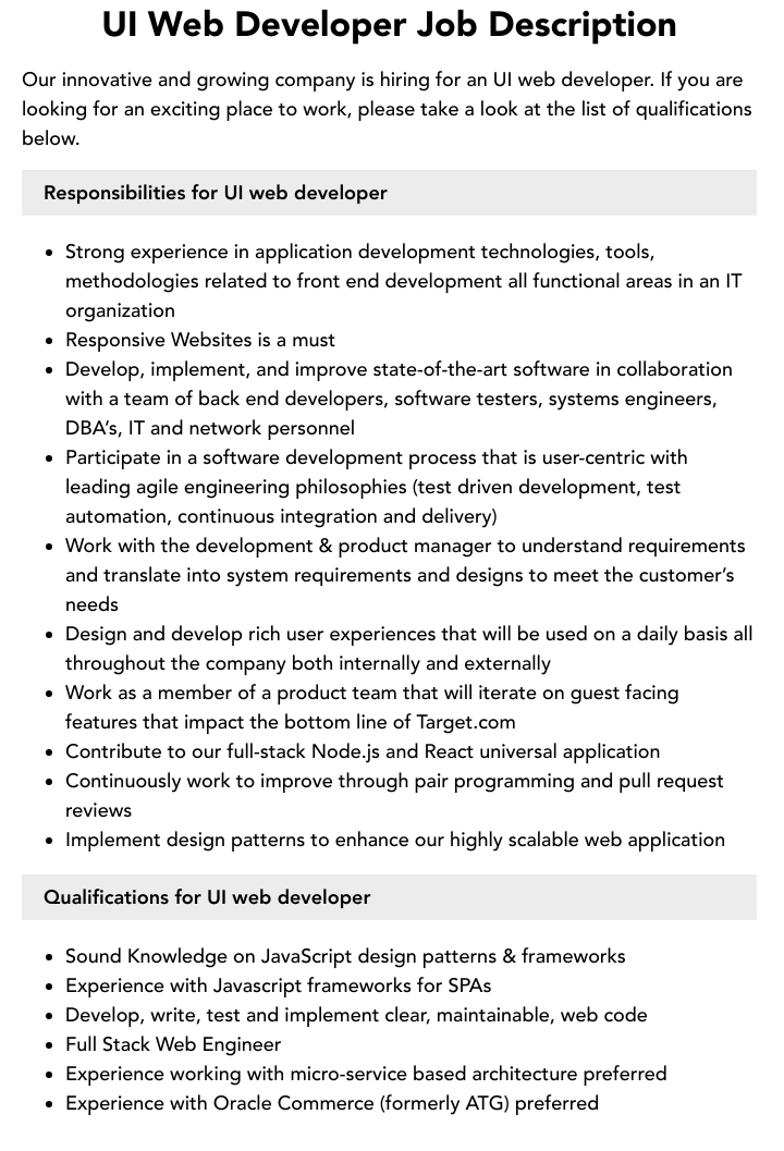 UI Web Developer Job Description Velvet Jobs