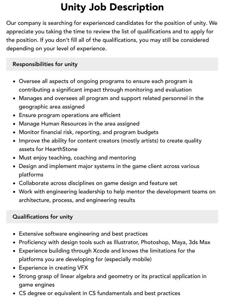 Unity Job Description Velvet Jobs