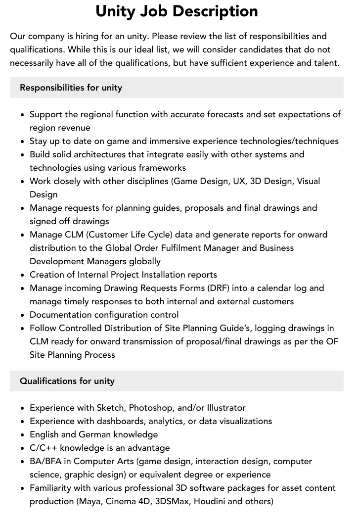 Unity Job Description Velvet Jobs