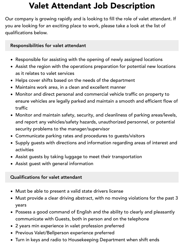 Valet Attendant Job Description Velvet Jobs