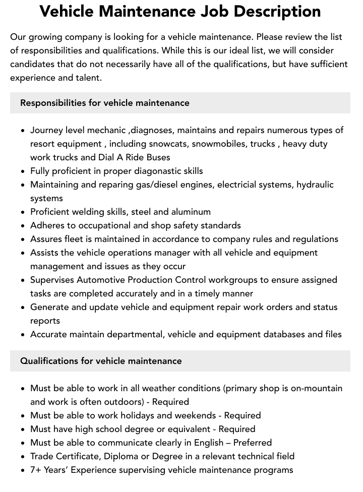 Vehicle Maintenance Job Description Velvet Jobs